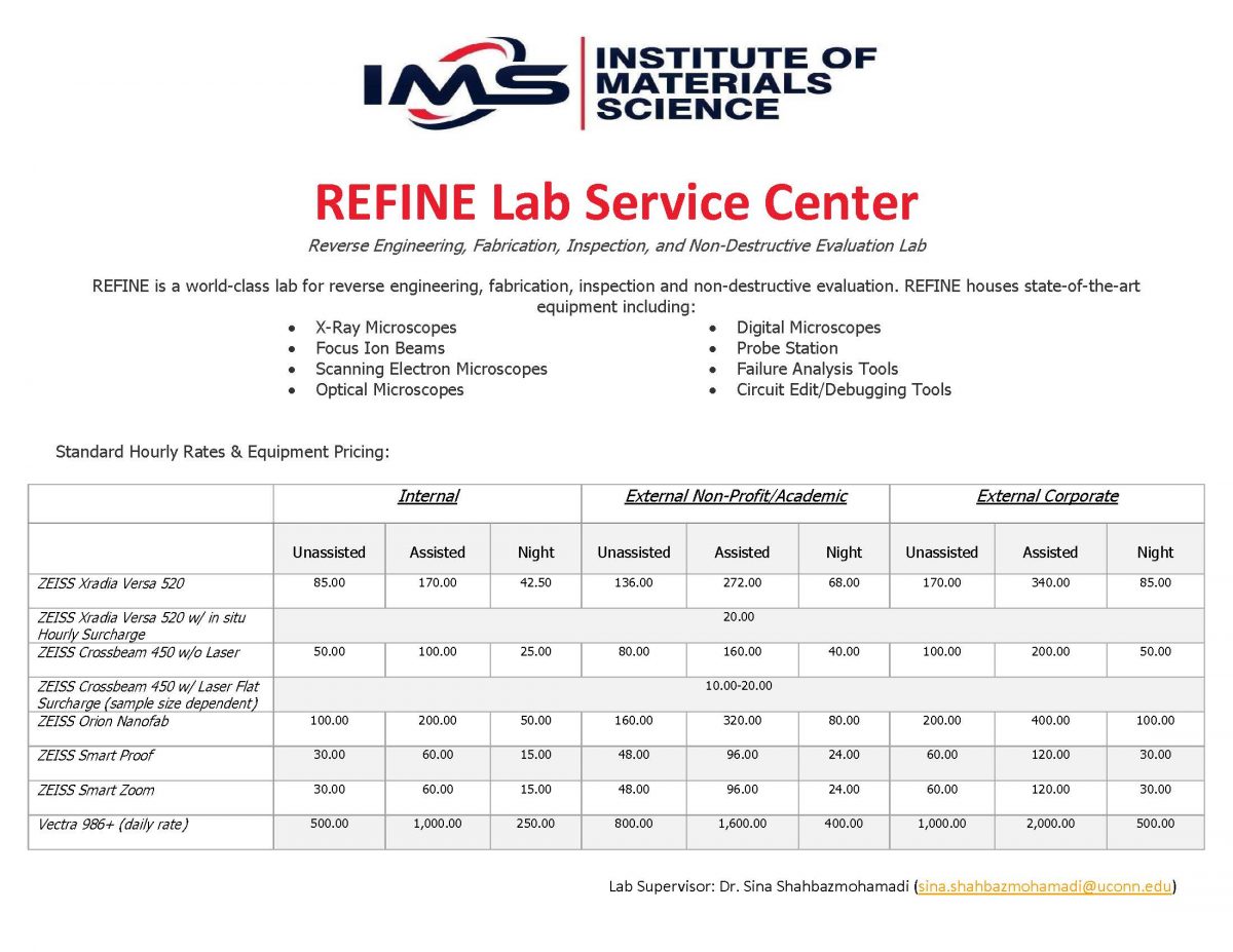 UConn IMS Service Center Rates | Institute of Materials Science